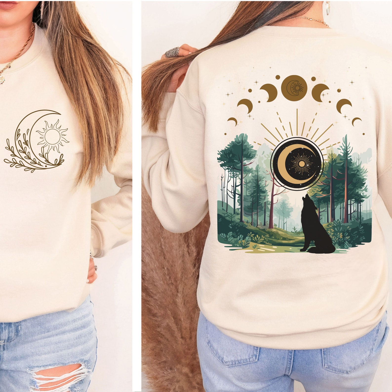 Mystic Sun and Moon Cottage Core Sweatshirt, Celestial Moon Phase Boho ...