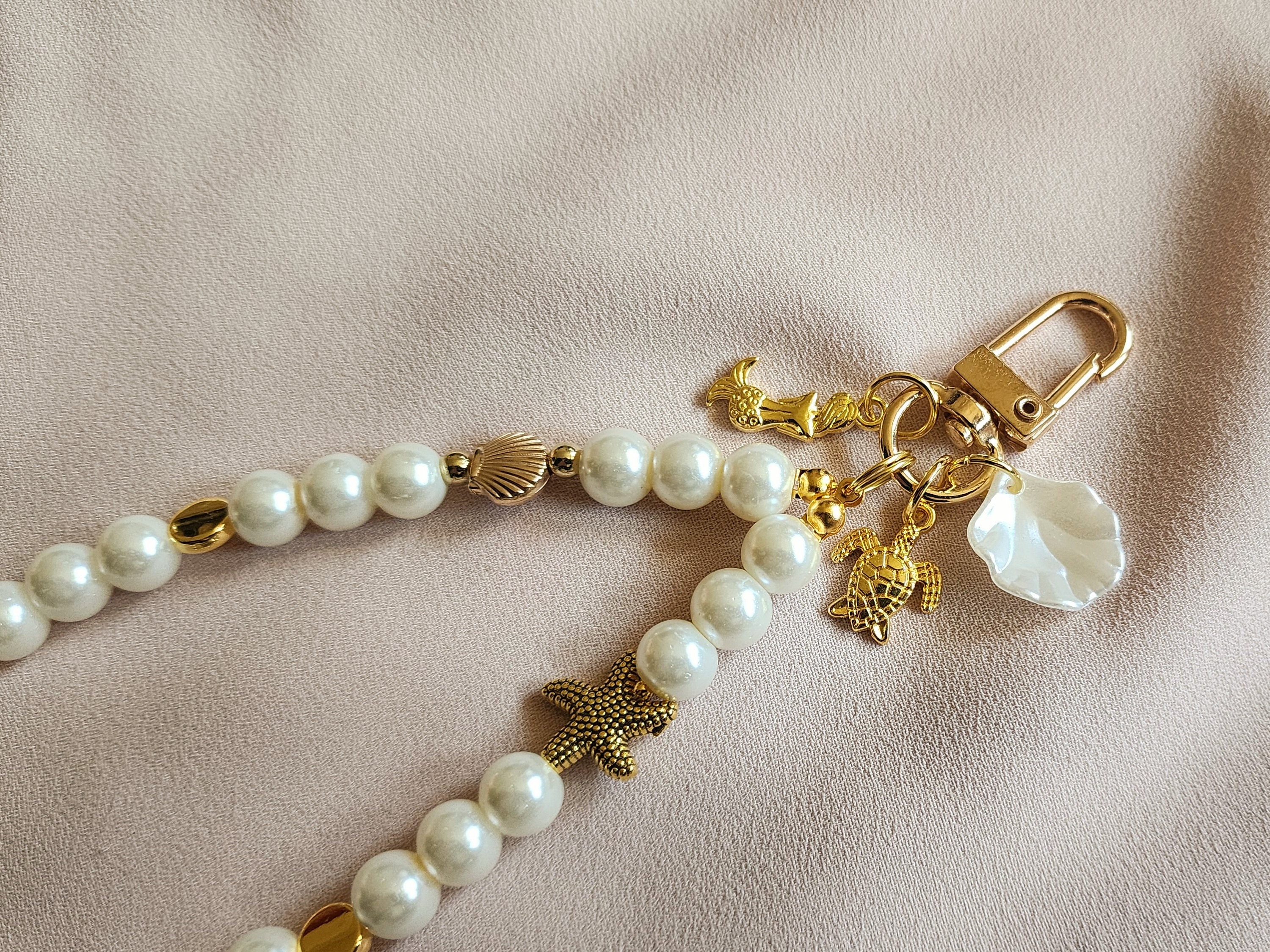 Pearl Keychain: Ocean Theme Wristlet With Mermaid & Turtle Charms - Etsy