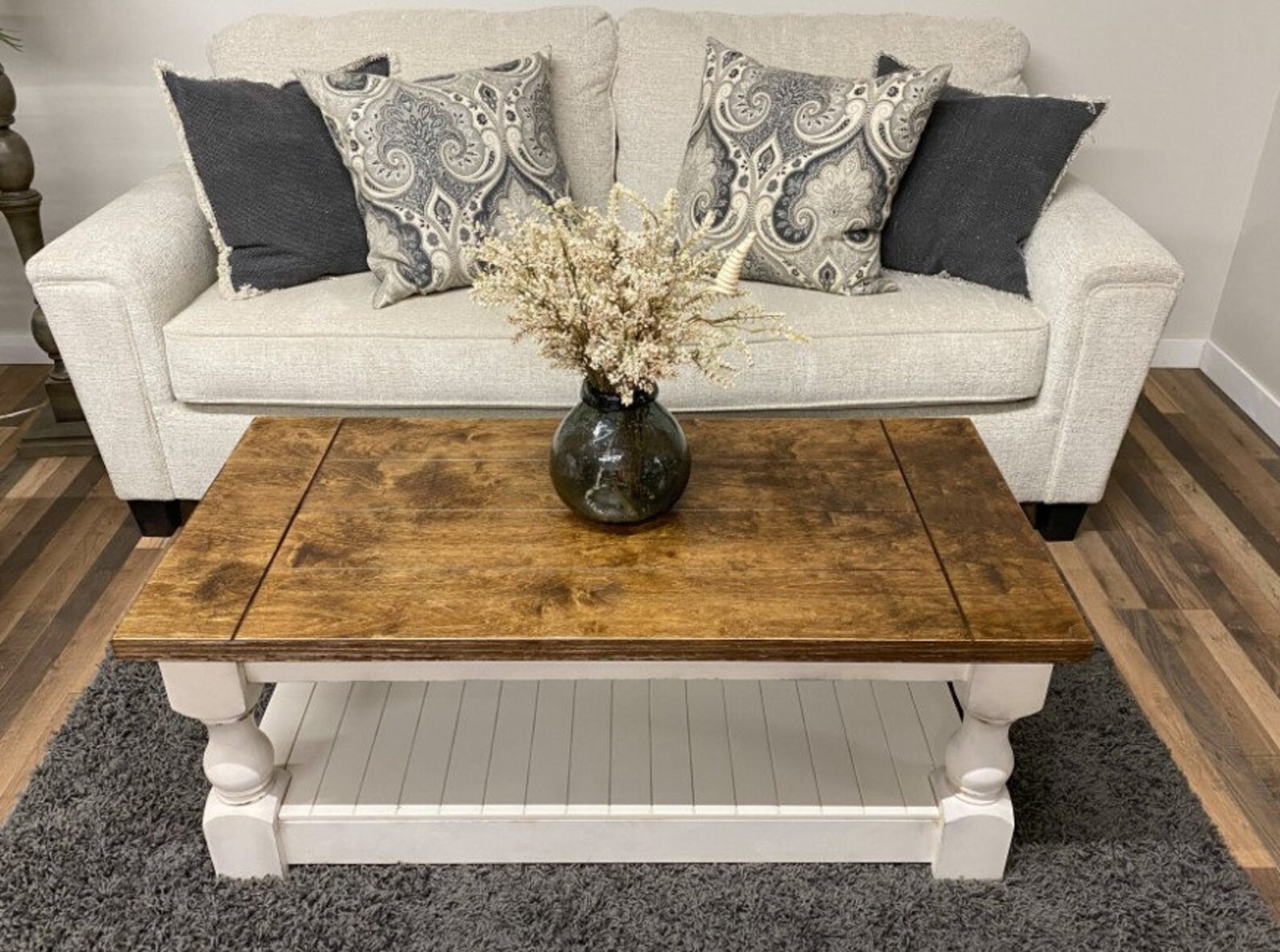 Rustic Baluster Rectangle Farmhouse Coffee Table Distressed With Warm ...