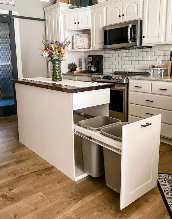 Kitchen Island and Tilt out Trash Cabinet in White Etsy