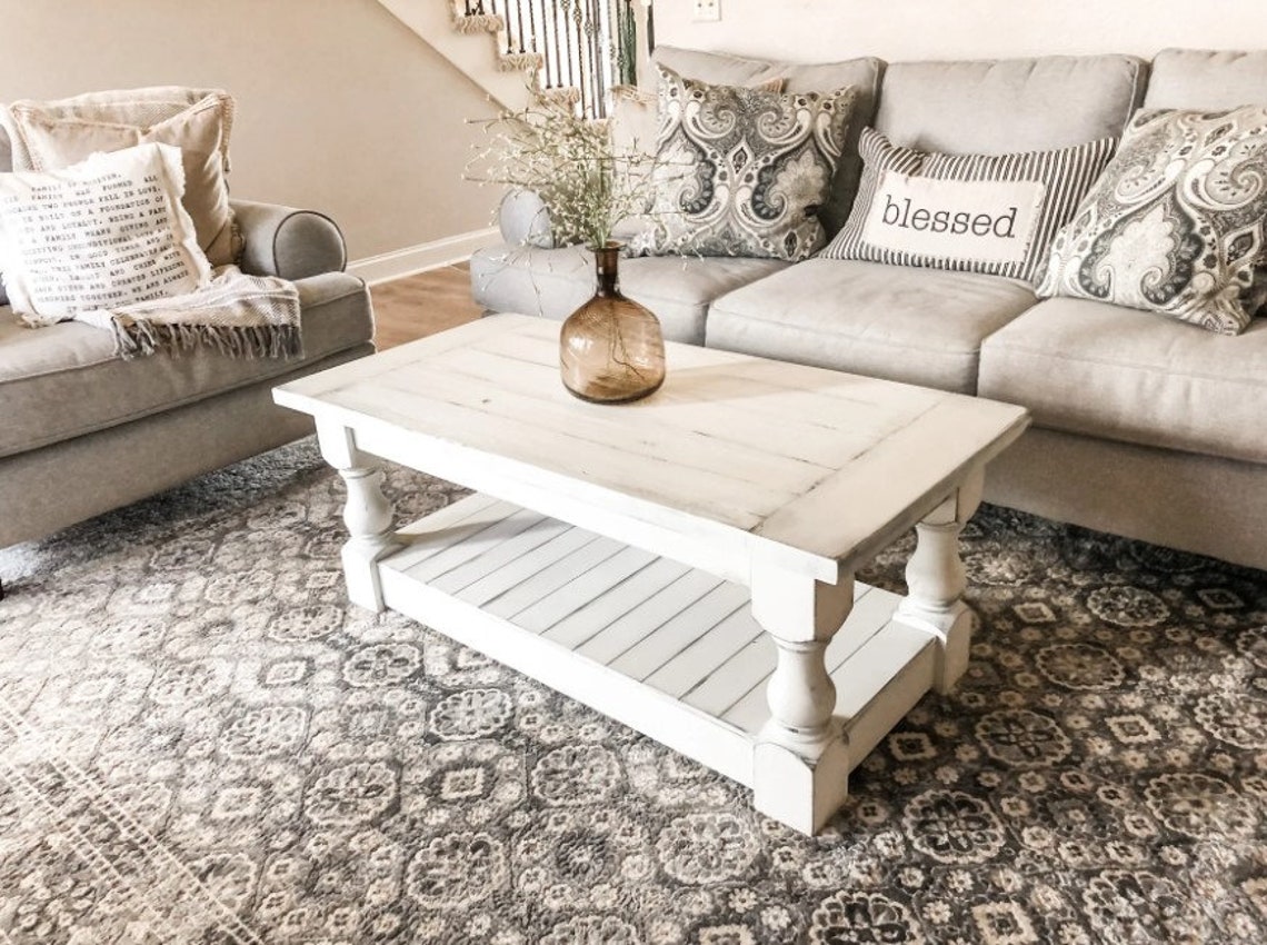 Rustic Baluster Farmhouse Coffee Table Distressed Rectangle ...