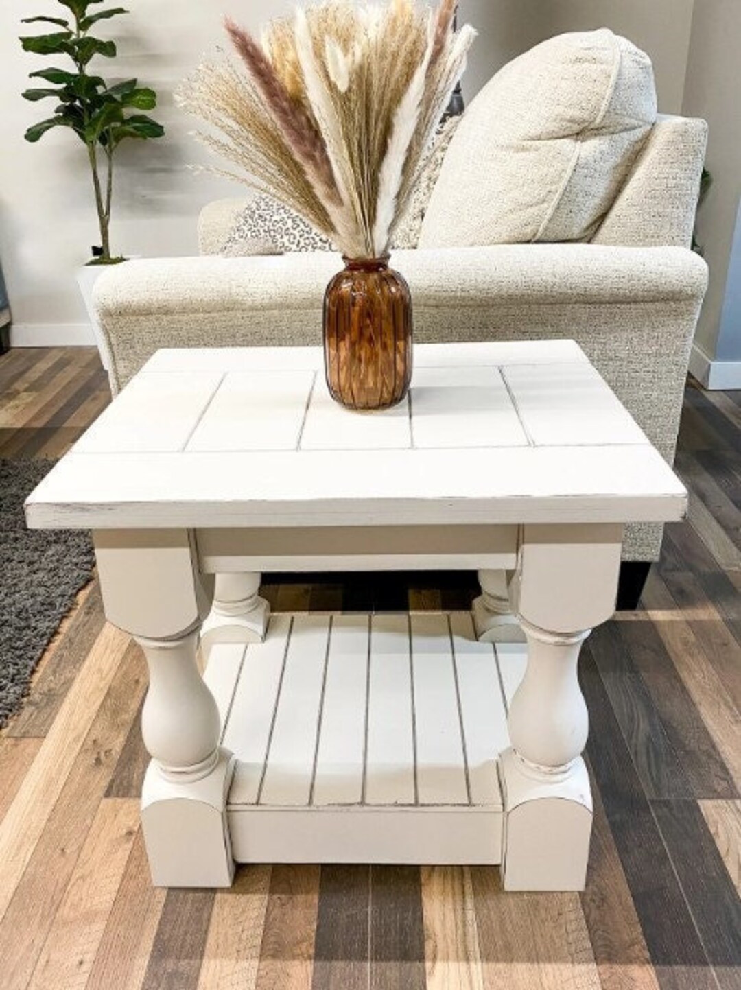 Rustic Baluster Farmhouse End Table Ivory Distressed - Etsy