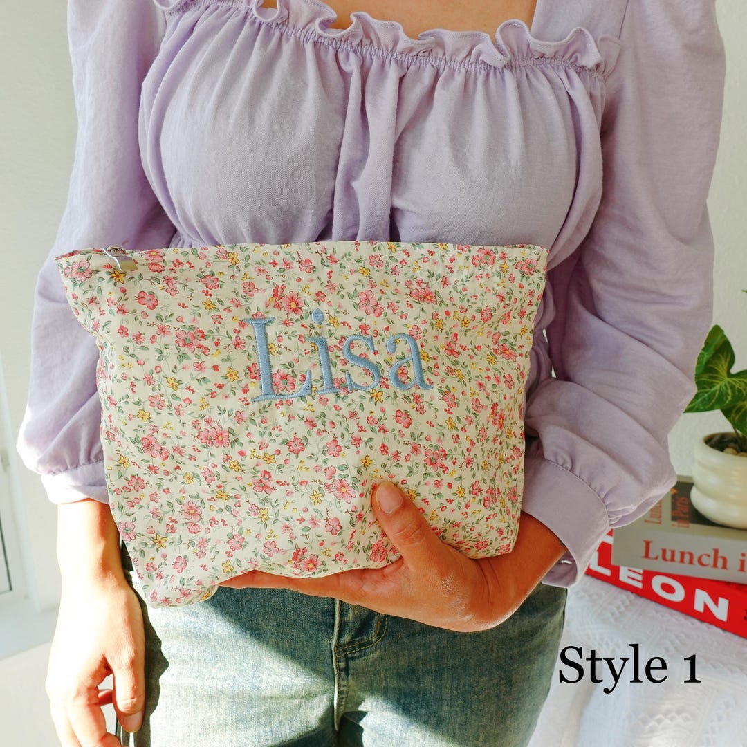Personalized Floral Makeup Bag, Custom Name Canvas Cosmetic Pouch ...