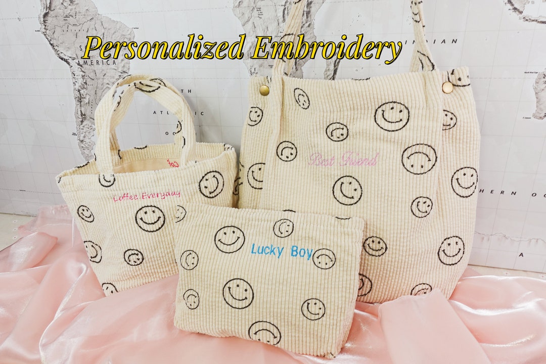 Personalized Smiley Face Purse, Lunch Bag, Makeup Bag, Corduroy Tote ...