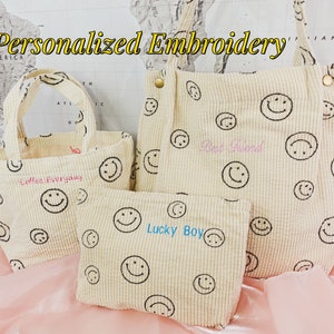 Personalized Smiley Face Purse, Lunch Bag, Makeup Bag, Corduroy Tote ...