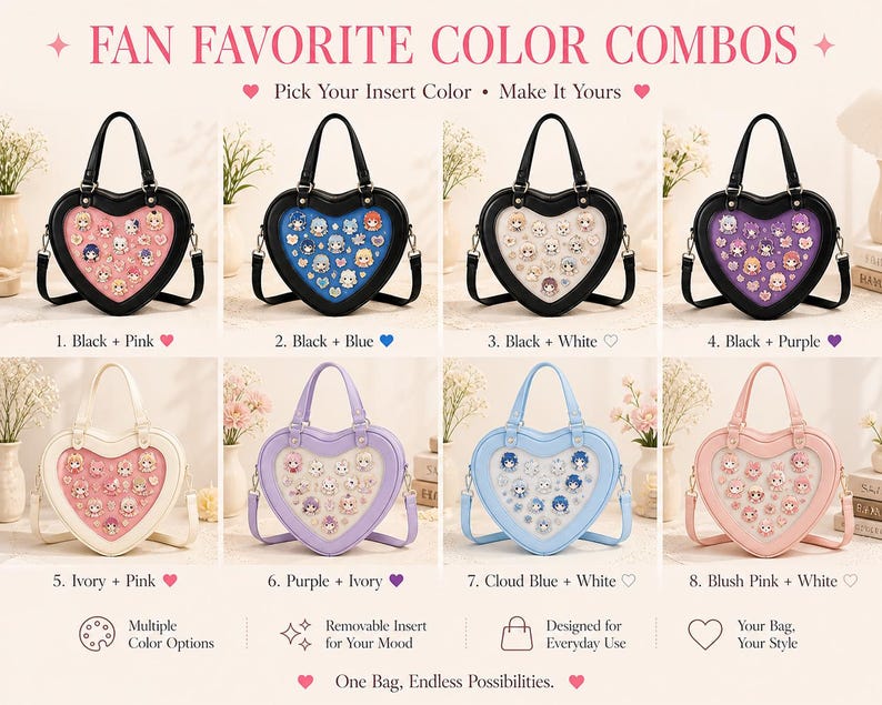 Heart Shaped Ita Bag, Vegan Leather Crossbody & Tote Handbag, Kawaii ...