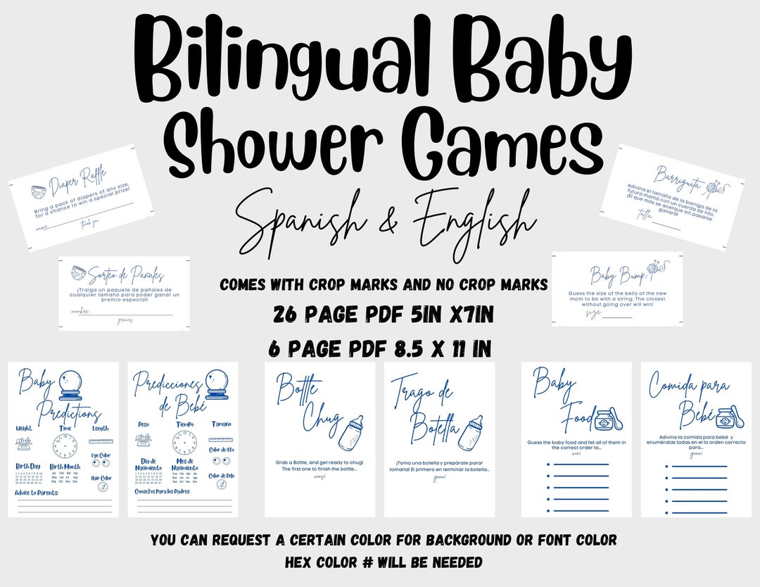 Bilingual Baby Shower Blue and White Games Spanish and English Digital ...