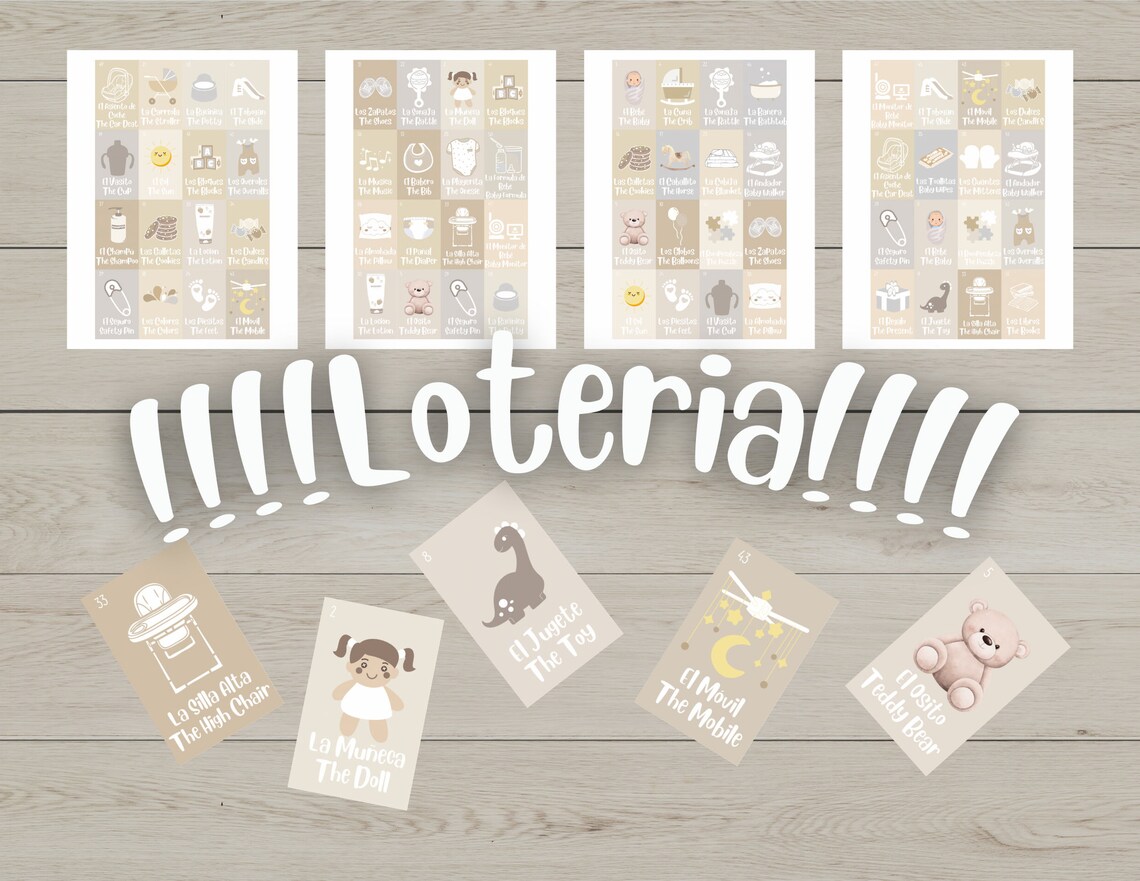 20 BOARDS Bilingual Neutral Baby Shower Loteria Game Cards Spanish and ...