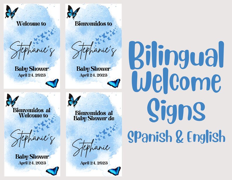 Bilingual Blue Butterfly Welcome Sign for Baby Shower PDF - Etsy