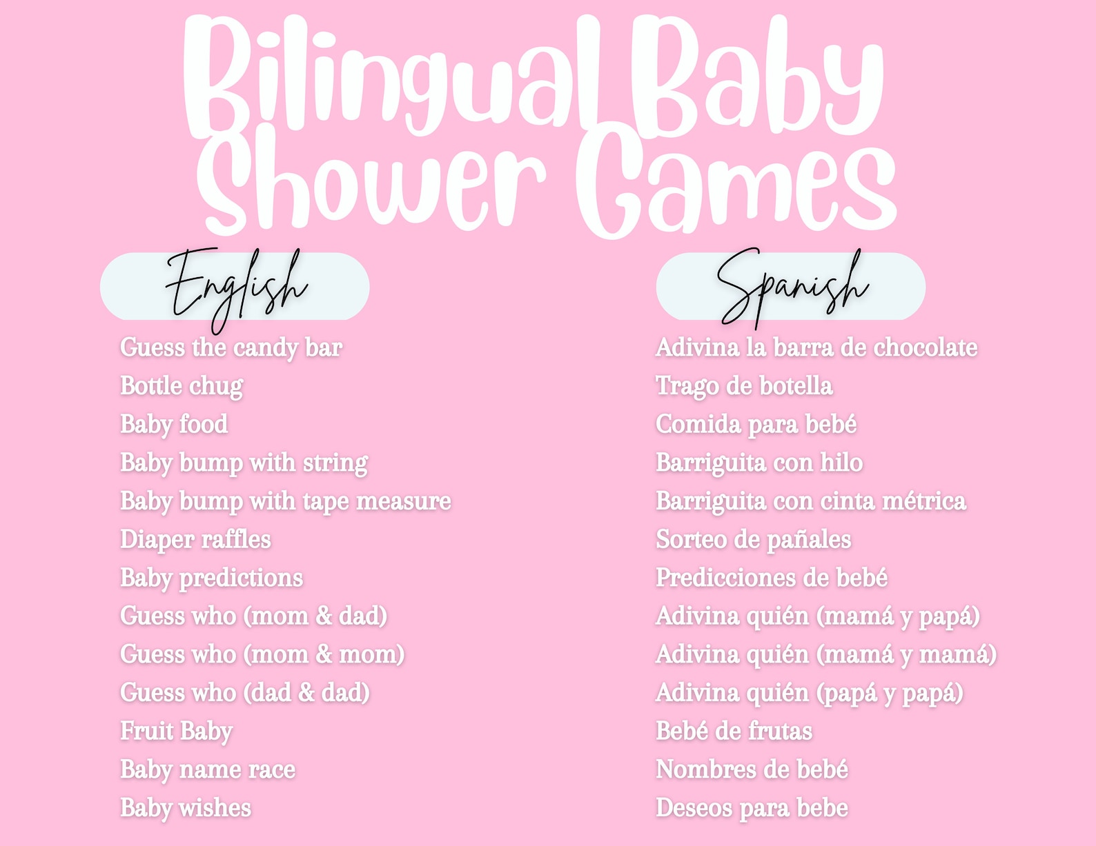 Bilingual Baby Shower Pink Games Spanish and English - Etsy