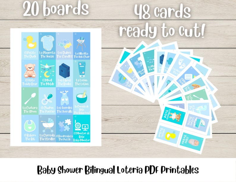 20 BOARDS Blue Bilingual Baby Shower Loteria Español Y Ingles Printable ...