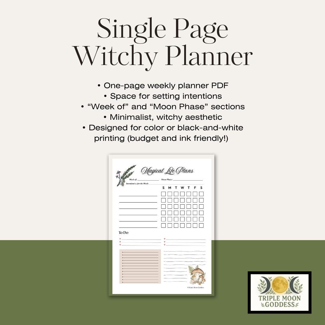 Single Page Witchy Weekly Planner | Printable PDF for Your Magical ...