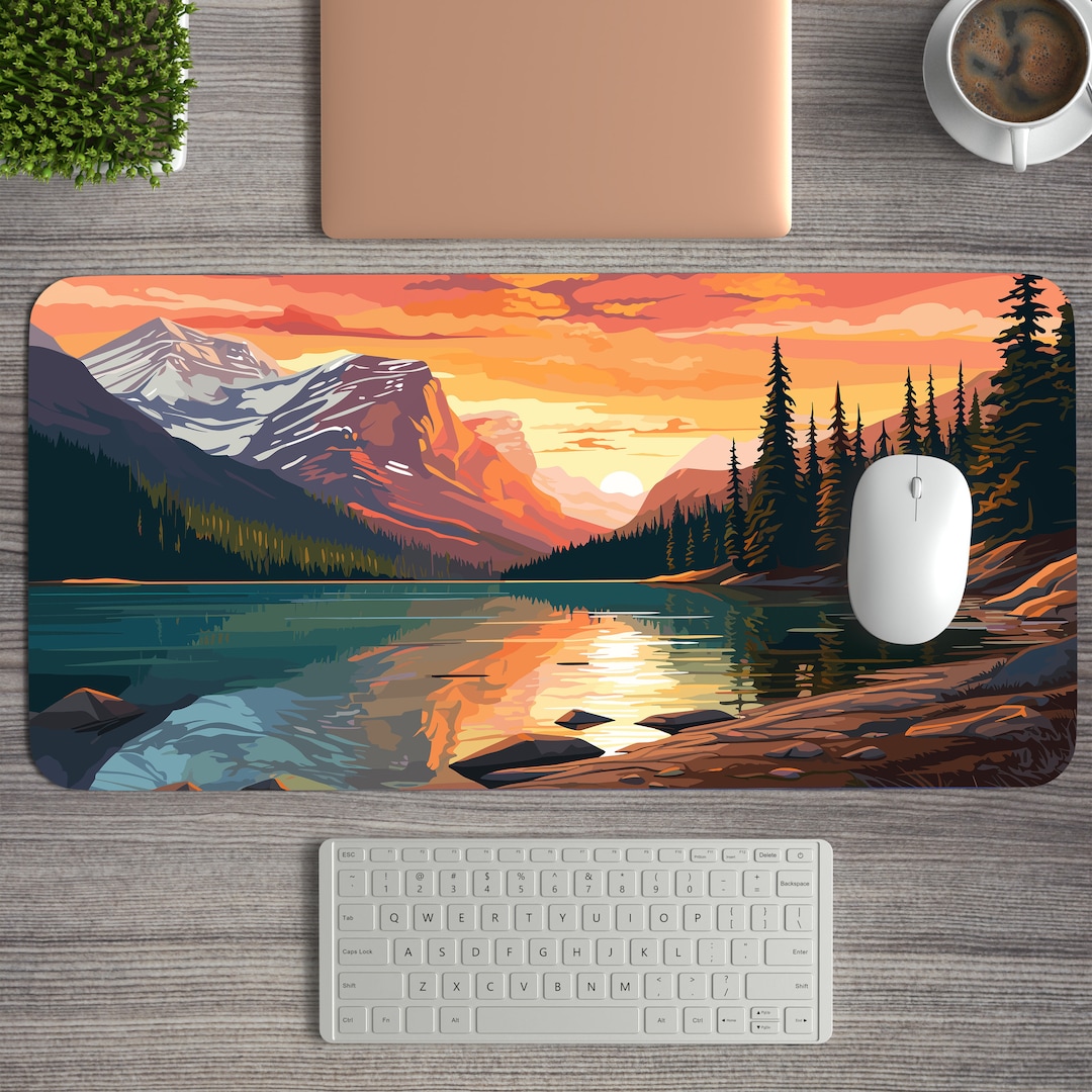 Nature Landscape Desk Mat, Sunset Mountain Desk Mat, Forest and Lake ...