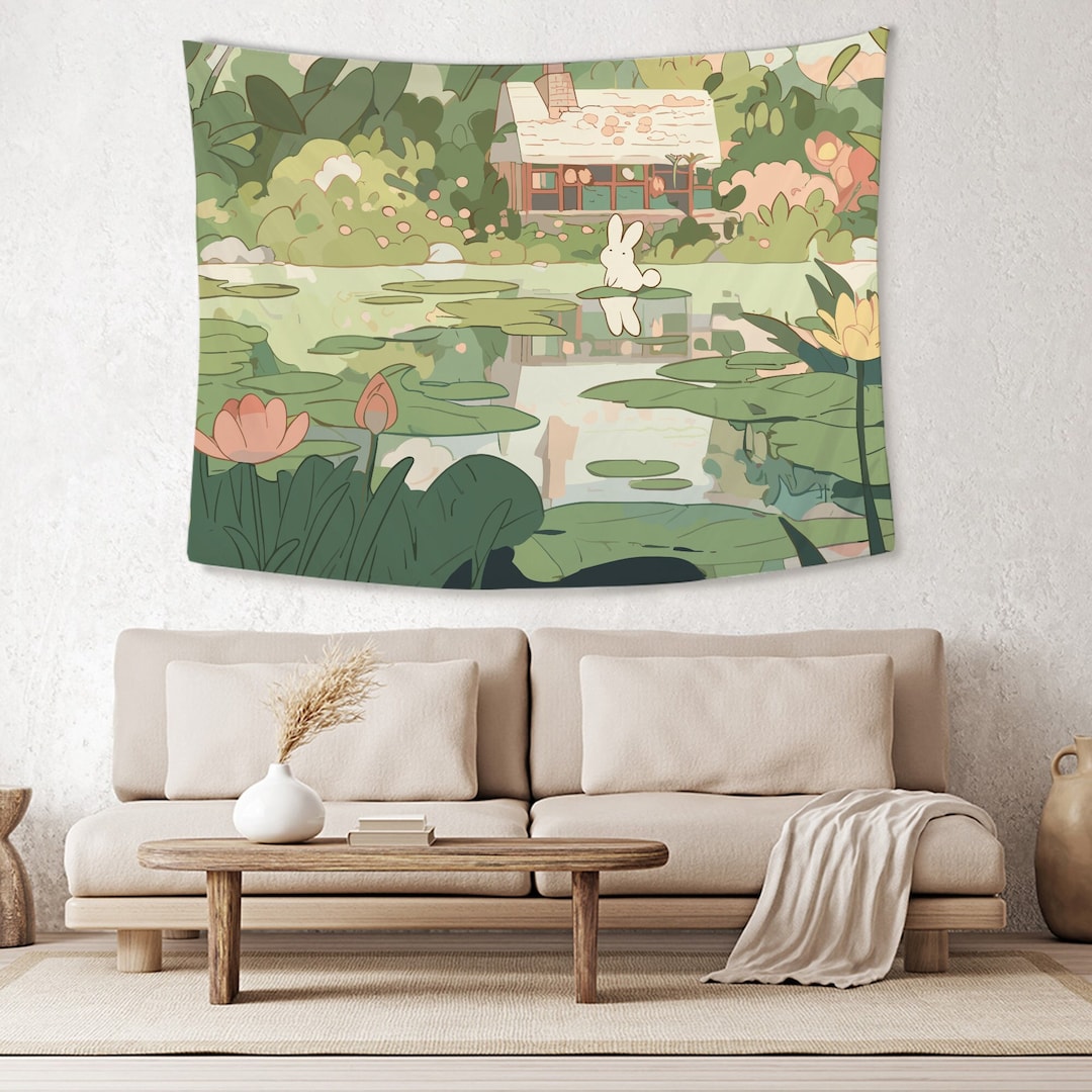 Kawaii Bunny Wall Tapestry, Cartoon Rabbit Tapestry, Cute Green Plant ...