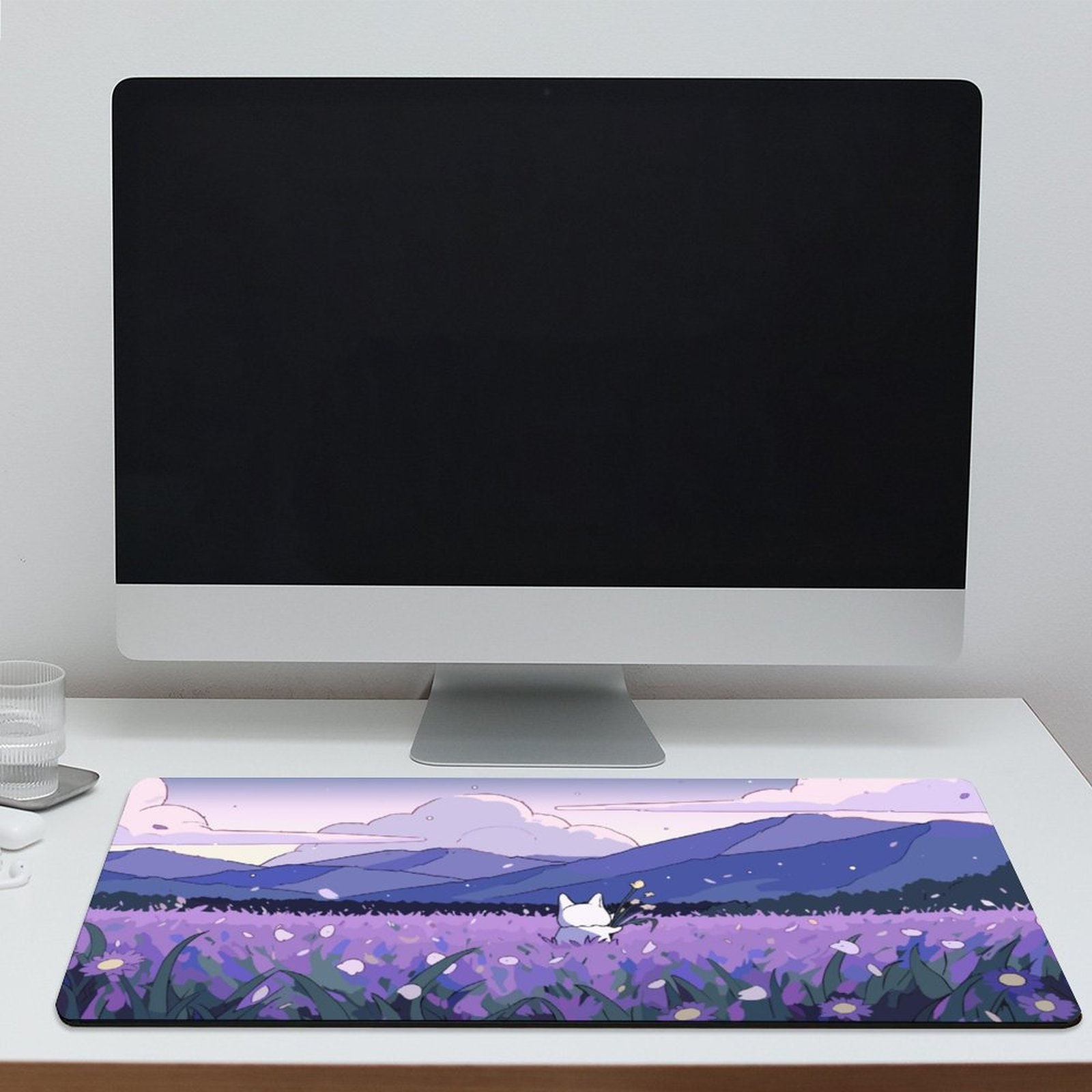Kawaii Cute Cat Desk Mat Purple Flower Plant Large Desk Mat Cartoon ...