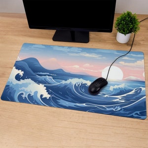 Ocean Waves Desk Mat, Blue Waves, Desk Mat, Anime Aesthetic Mouse Pad ...