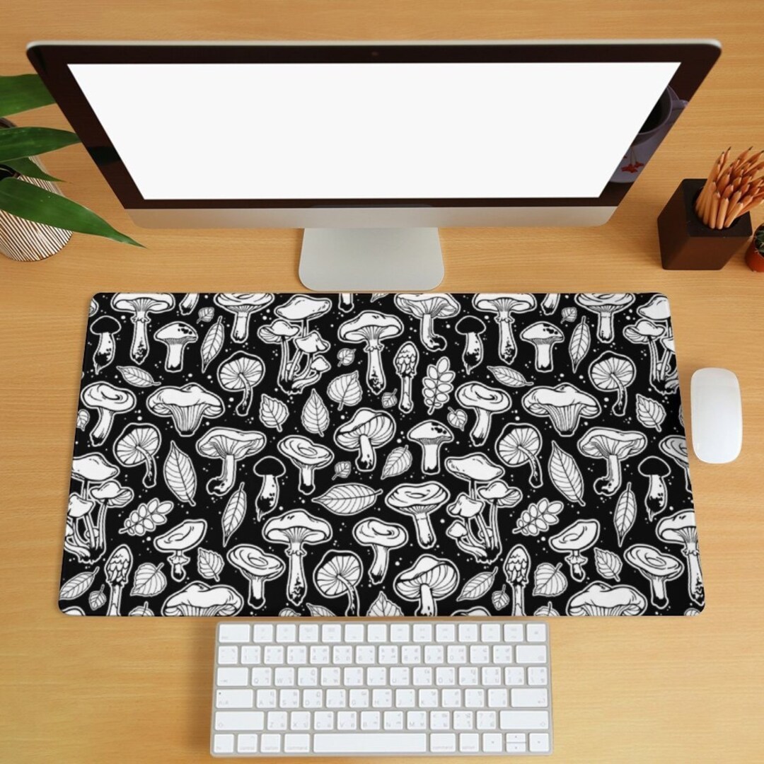 Vintage Mushrooms Desk Mat, Botanical Gaming Mouse Pad, Black Desk Mat ...