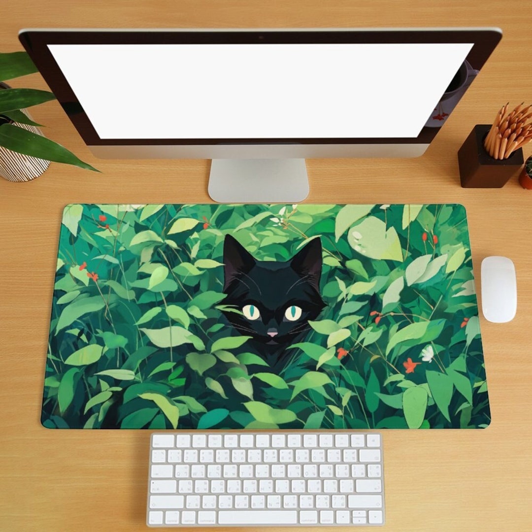 Black Cat and Plants Desk Mat Cute Cat Extended Keyboard Mat Green ...