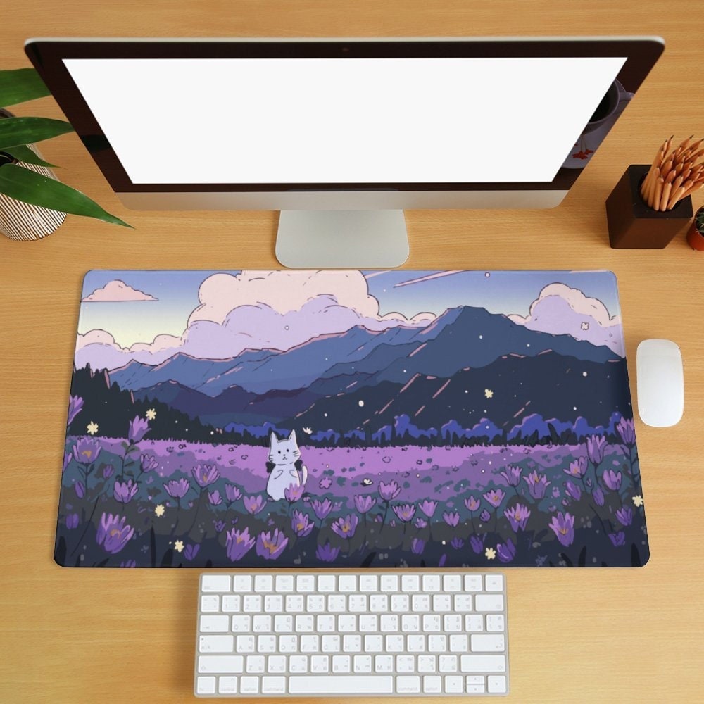 Kawaii Cute Cat Desk Mat Purple Flower Plant Large Desk Mat Cartoon ...