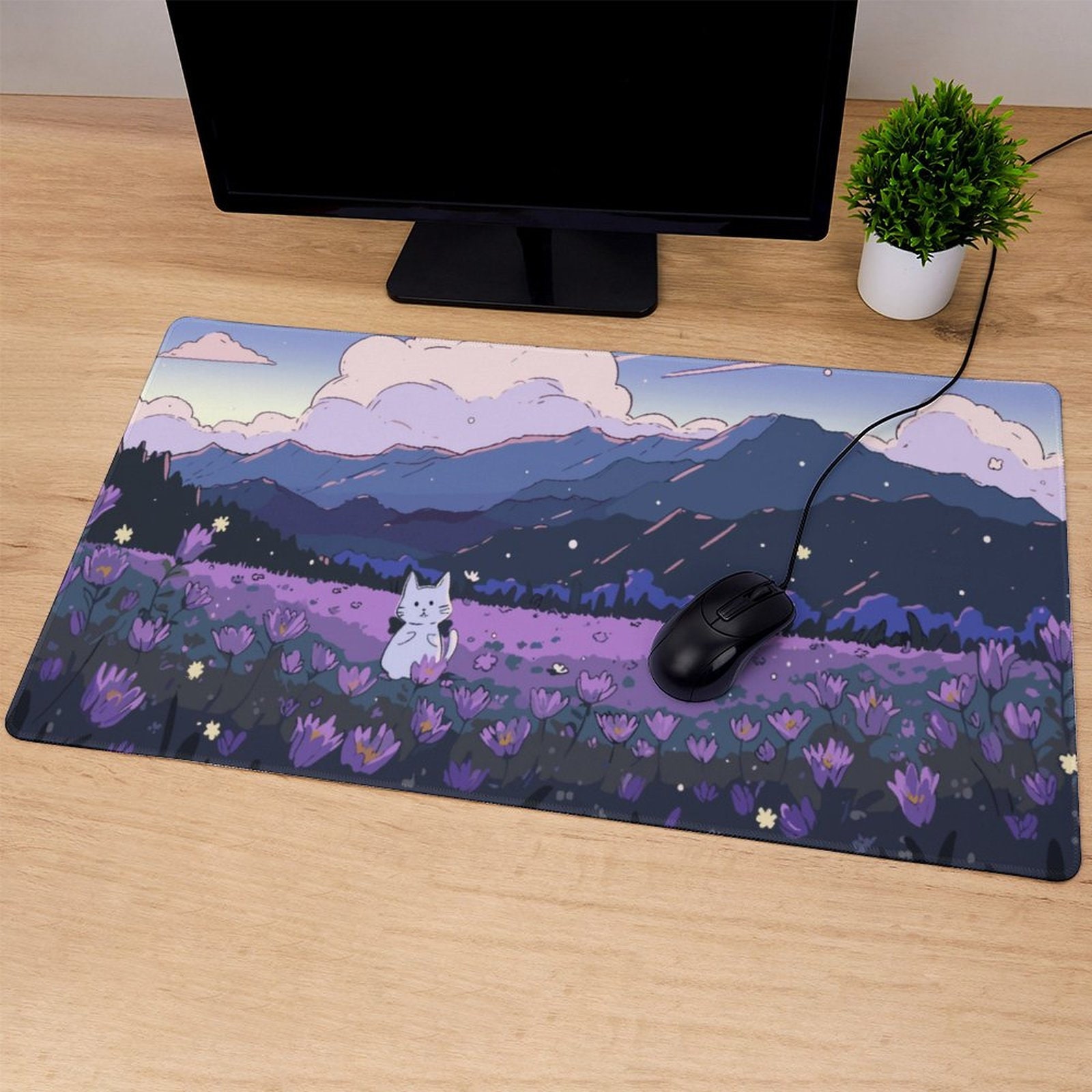 Kawaii Cute Cat Desk Mat Purple Flower Plant Large Desk Mat Cartoon ...