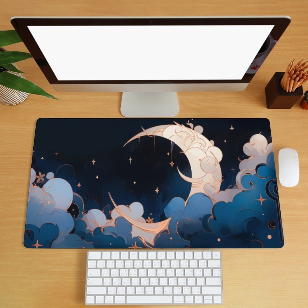 Moon Celestial Gaming Desk Mat Cloud Large Mousepad Night Sky Keyboard ...