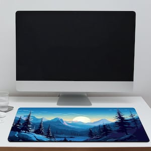 Blue Snow Mountain Desk Mat Winter Landscape Desk Mat Sunrise Forest ...