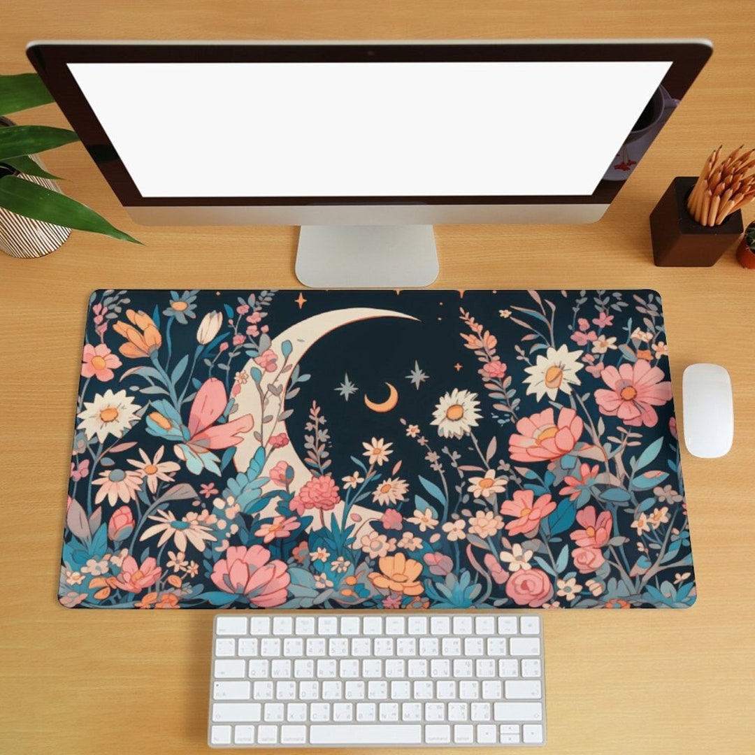 Moon and Flowers Desk Mat Wildflowers Extra Large Mousepad Celestial ...