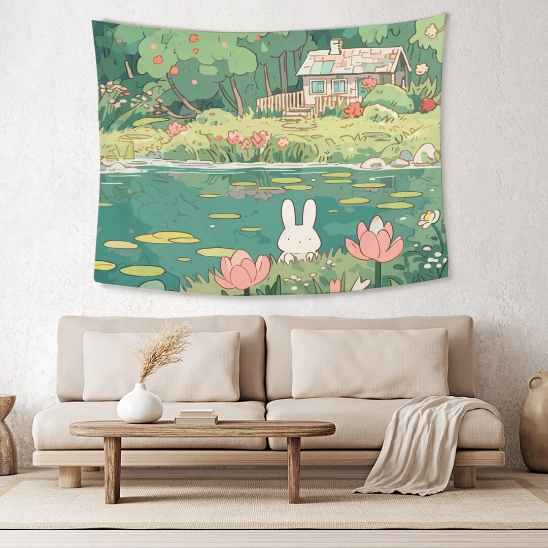 Bunny Kawaii Tapestry Cute Cartoon Animal Tapestry Green Plant Flower ...