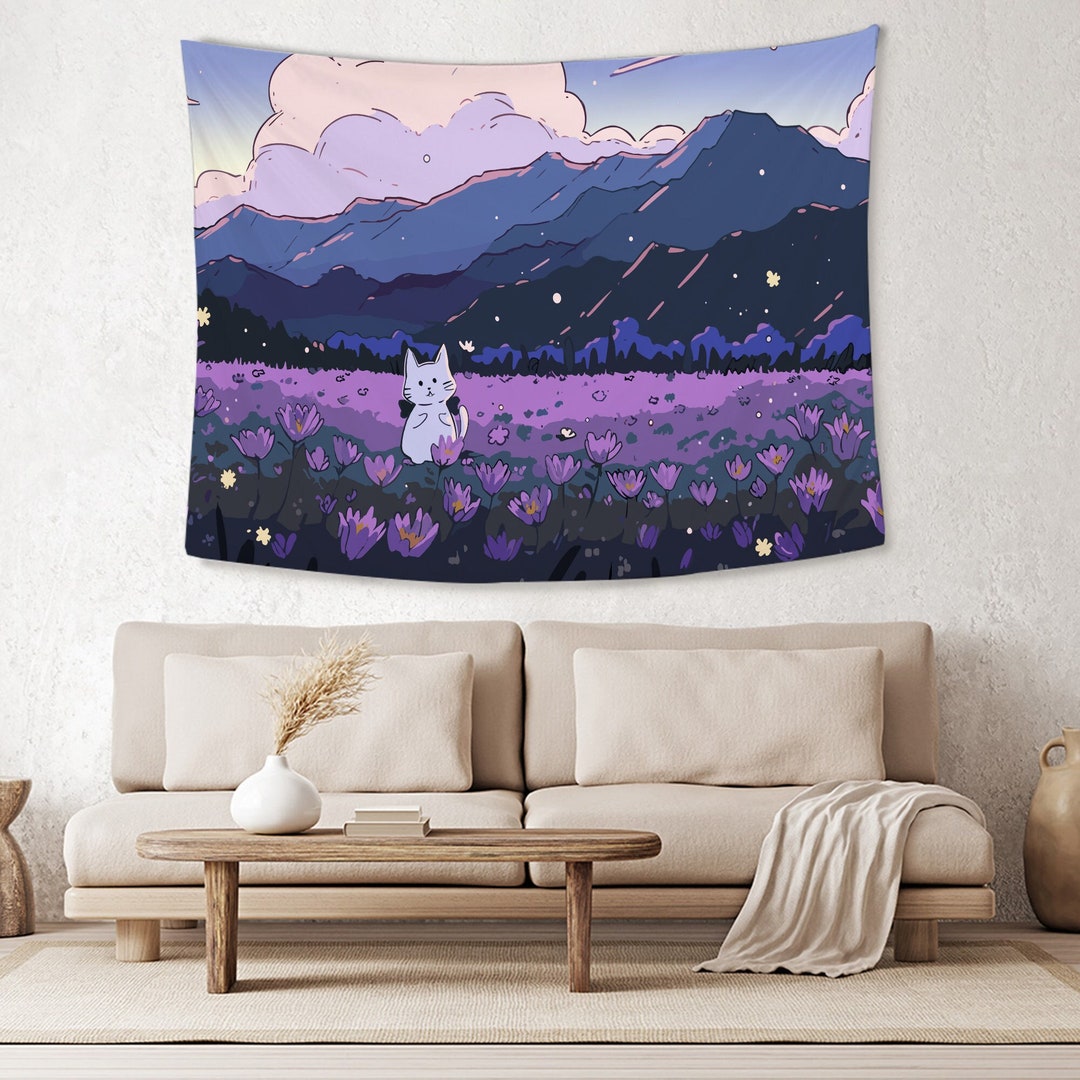 Kawaii Cat Wall Tapestry Cute Cartoon Animal Tapestry Purple Flower ...