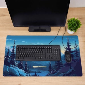 Blue Snow Mountain Desk Mat Winter Landscape Desk Mat Sunrise Forest ...