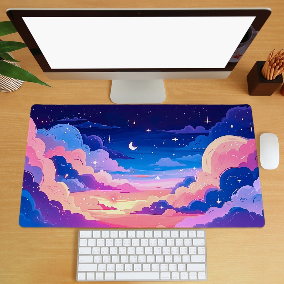 Fantasy Starry Sky Desk Mat Pastel Cloud and Moon Desk Mat Aesthetic ...