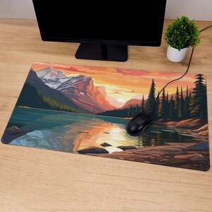Nature Landscape Desk Mat, Sunset Mountain Desk Mat, Forest and Lake ...