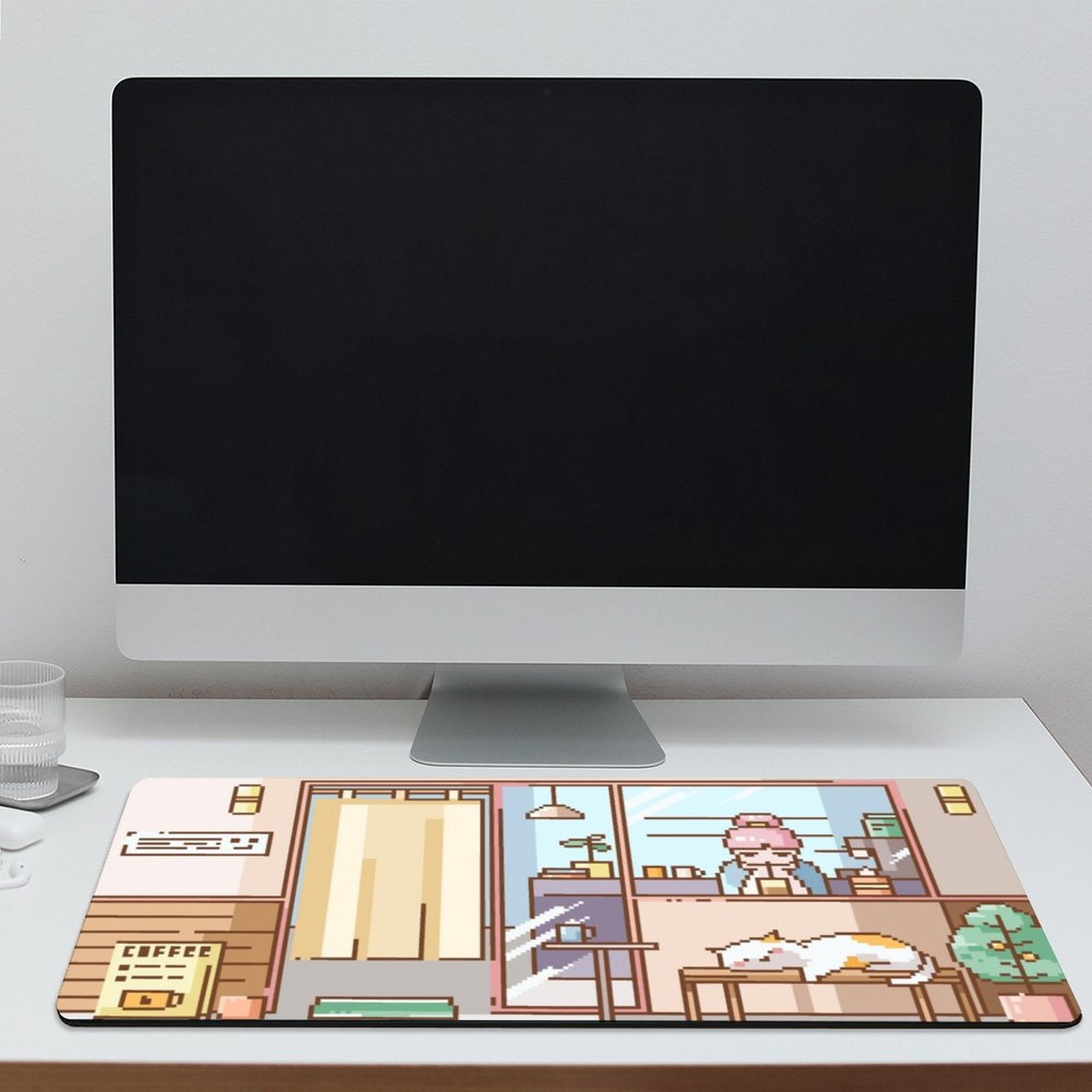 Pixel Art Desk Mat, Cafe Scene Gaming Mouse Pad, Girl and Cute Cat Desk ...