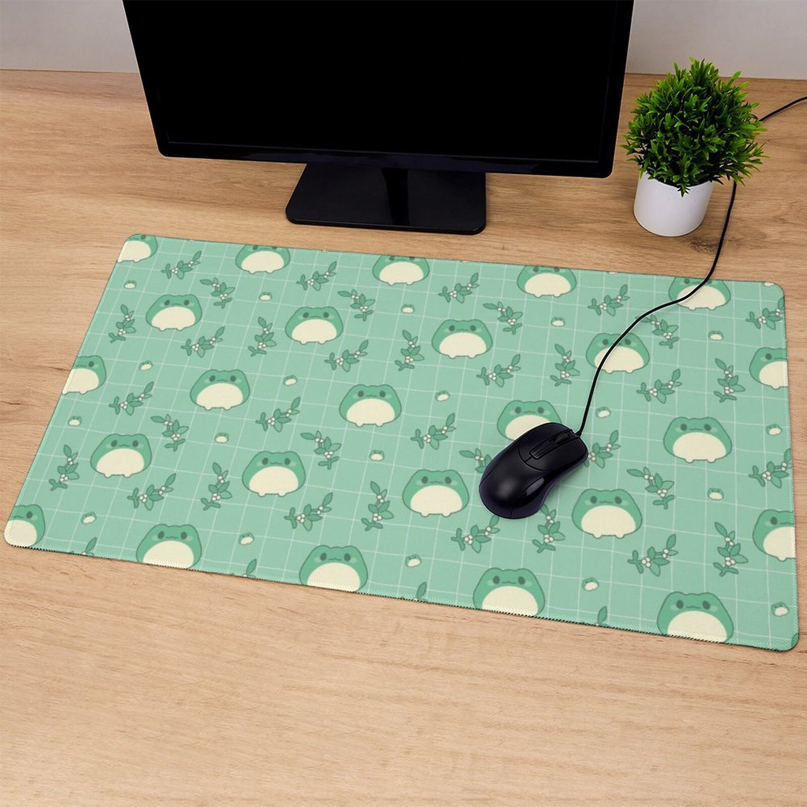 Cute Kawaii Frog Desk Mat Plant Gaming Mouse Pad Green Cartoon Computer ...