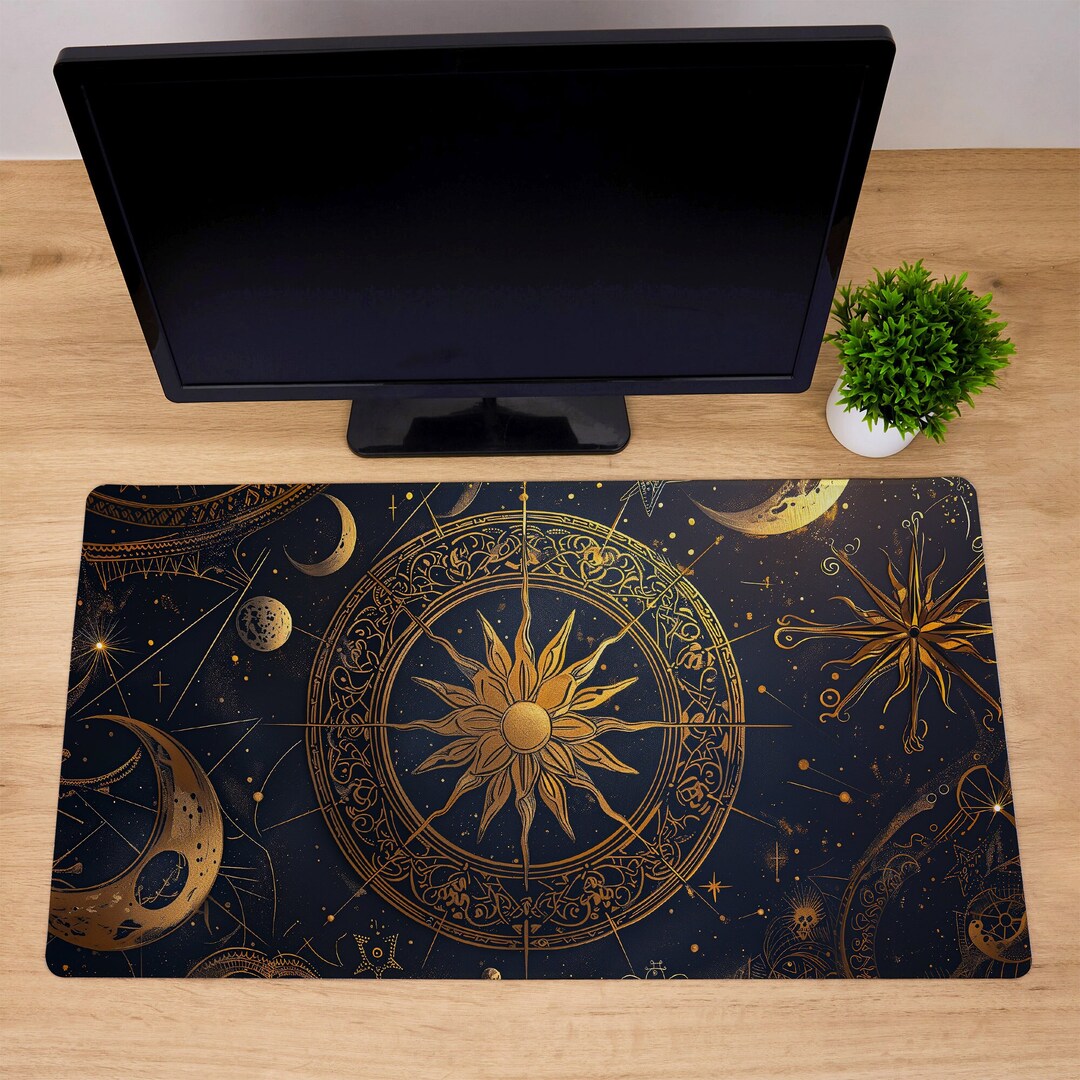 Black and Gold Mystical Desk Mat Gothic Gaming Mouse Pad Sun Moon Desk ...