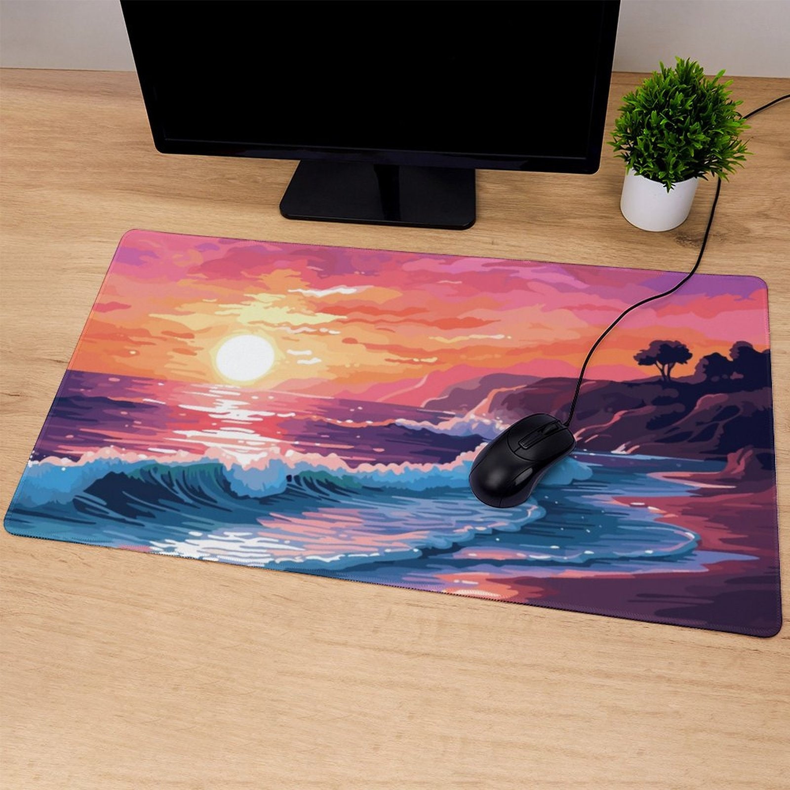 Beach Sunset Desk Mat, Beach Wave Desk Mat, Nature Aesthetic Large ...