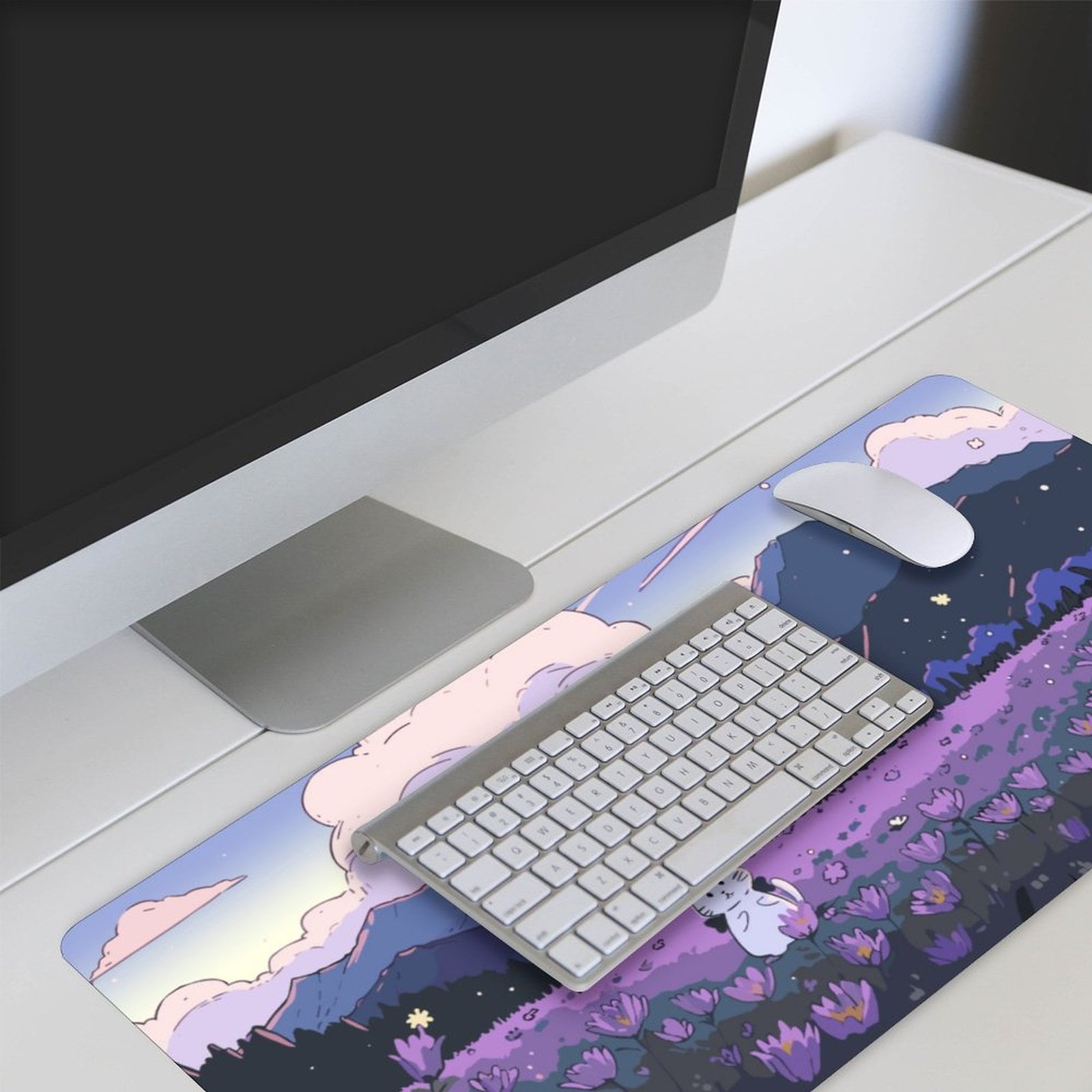 Kawaii Cute Cat Desk Mat Purple Flower Plant Large Desk Mat Cartoon ...