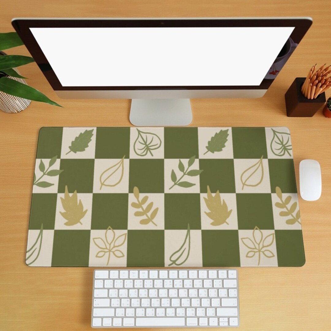 Green Desk Mat Checkered Mouse Pad Tree Leaves Desk Pad Geometric ...
