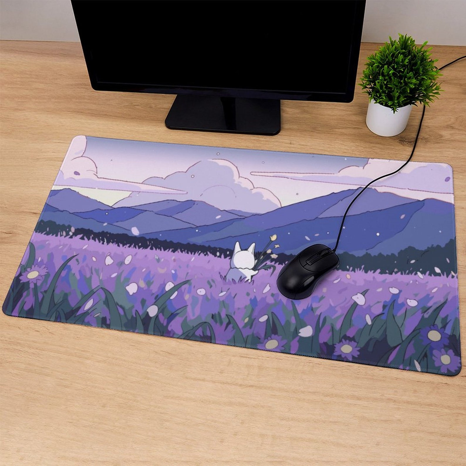 Cute Purple Plant Desk Mat Kawaii Cartoon Desk Mat Mountain Cloud ...