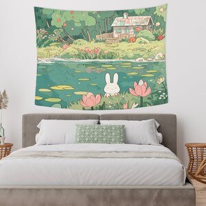 Bunny Kawaii Tapestry Cute Cartoon Animal Tapestry Green Plant Flower ...