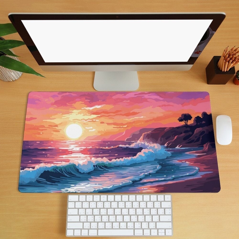 Beach Sunset Desk Mat, Beach Wave Desk Mat, Nature Aesthetic Large ...