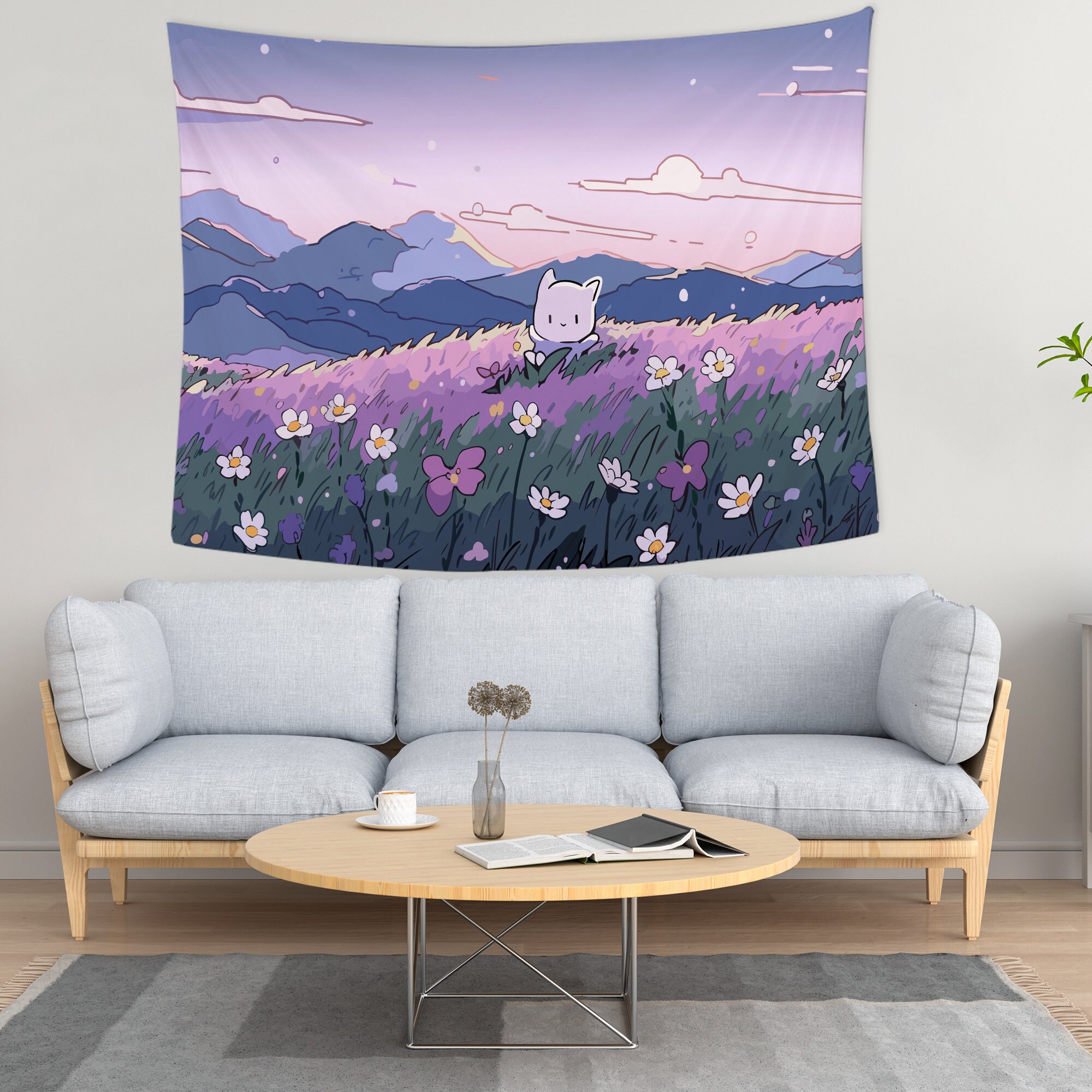 Kawaii Cartoon Wall Tapestry Mountain Cloud Tapestry Cute Flower Plant ...