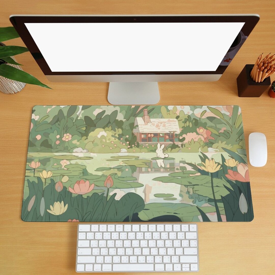 Kawaii Cartoon Green Mouse Pad, Cute Animal Desk Mat, Bunny Flower ...
