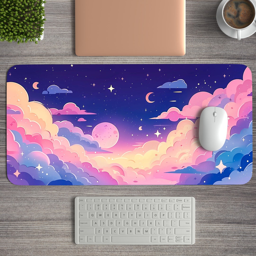 Pastel Cloud Desk Mat Moon Starry Sky Large Mouse Pad Kawaii Cute Desk ...