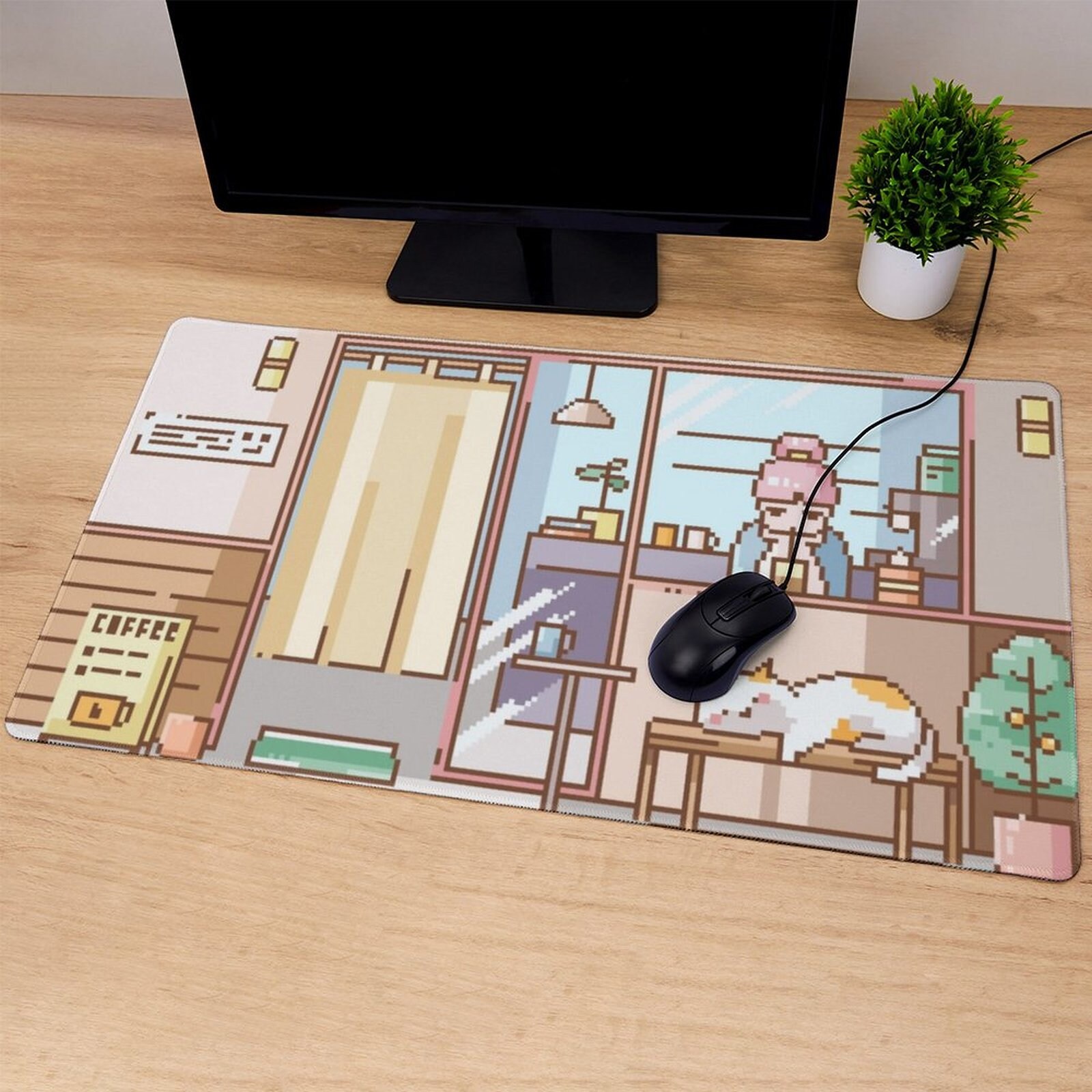 Pixel Art Desk Mat, Cafe Scene Gaming Mouse Pad, Girl and Cute Cat Desk ...