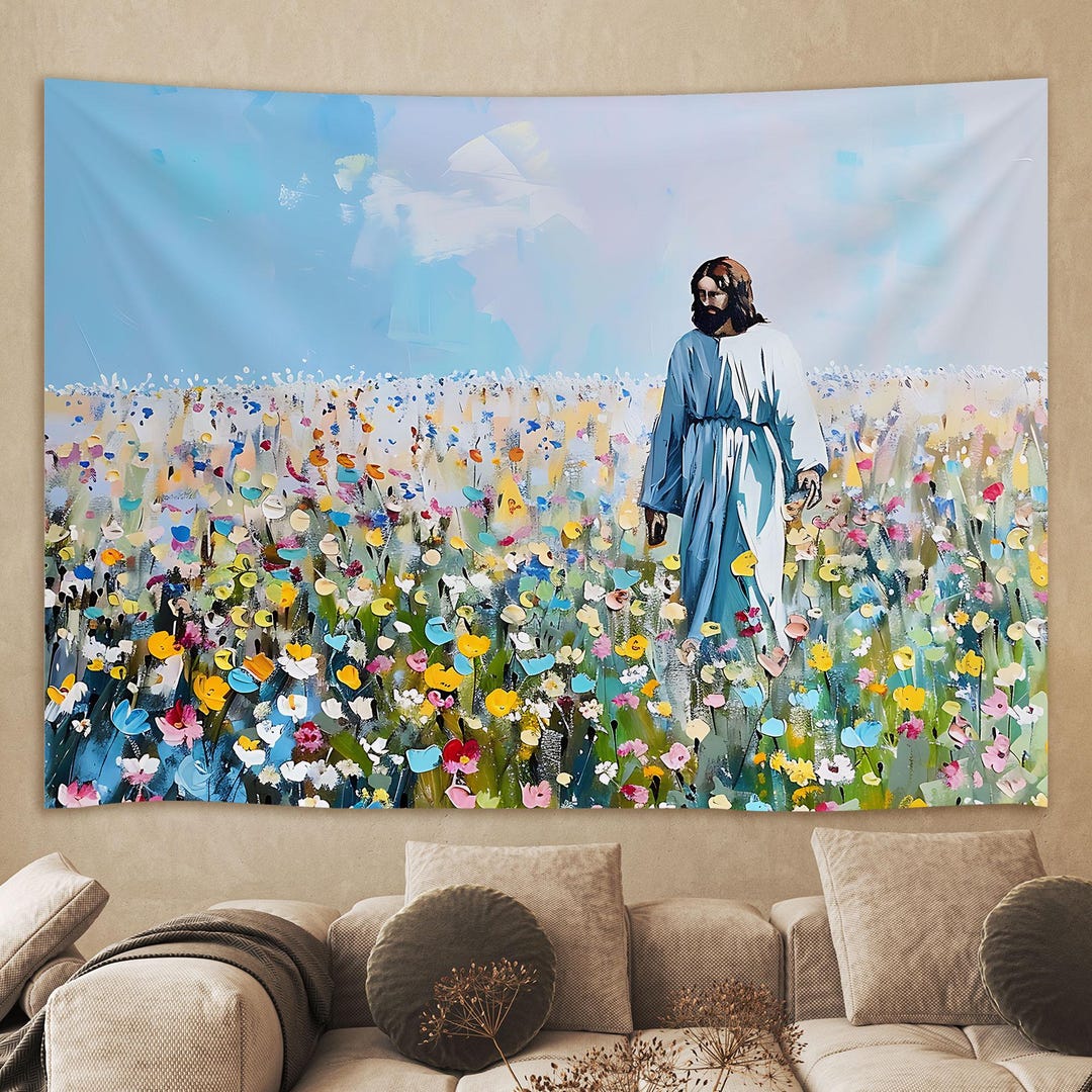 Jesus Tapestry, Jesus Walking on the Flowers Tapestry,religious ...