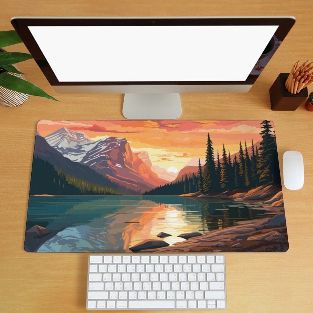 Nature Landscape Desk Mat, Sunset Mountain Desk Mat, Forest and Lake ...
