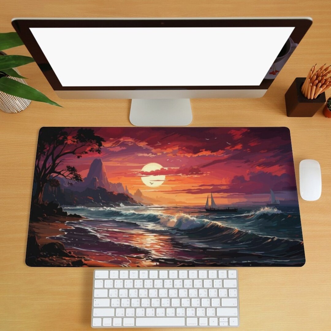 Seascape Desk Mat Sunset Landscape Desk Pad Ocean Waves Gaming Mousepad ...
