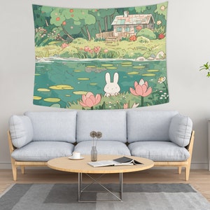 Bunny Kawaii Tapestry Cute Cartoon Animal Tapestry Green Plant Flower ...