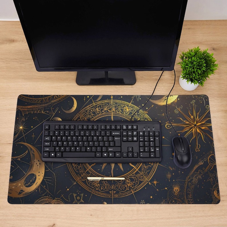 Black and Gold Mystical Desk Mat Gothic Gaming Mouse Pad Sun Moon Desk ...